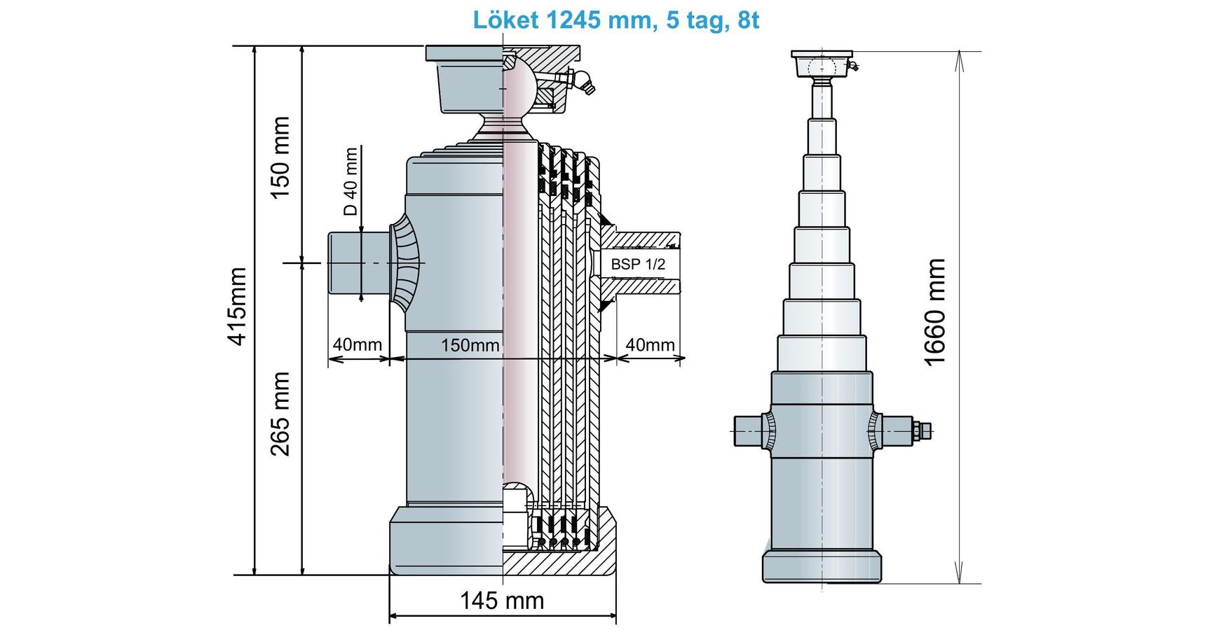 8t 125 cm löket, 5 tagos hidraulika munkahenger 415mm zárt hossz 119.100 Ft